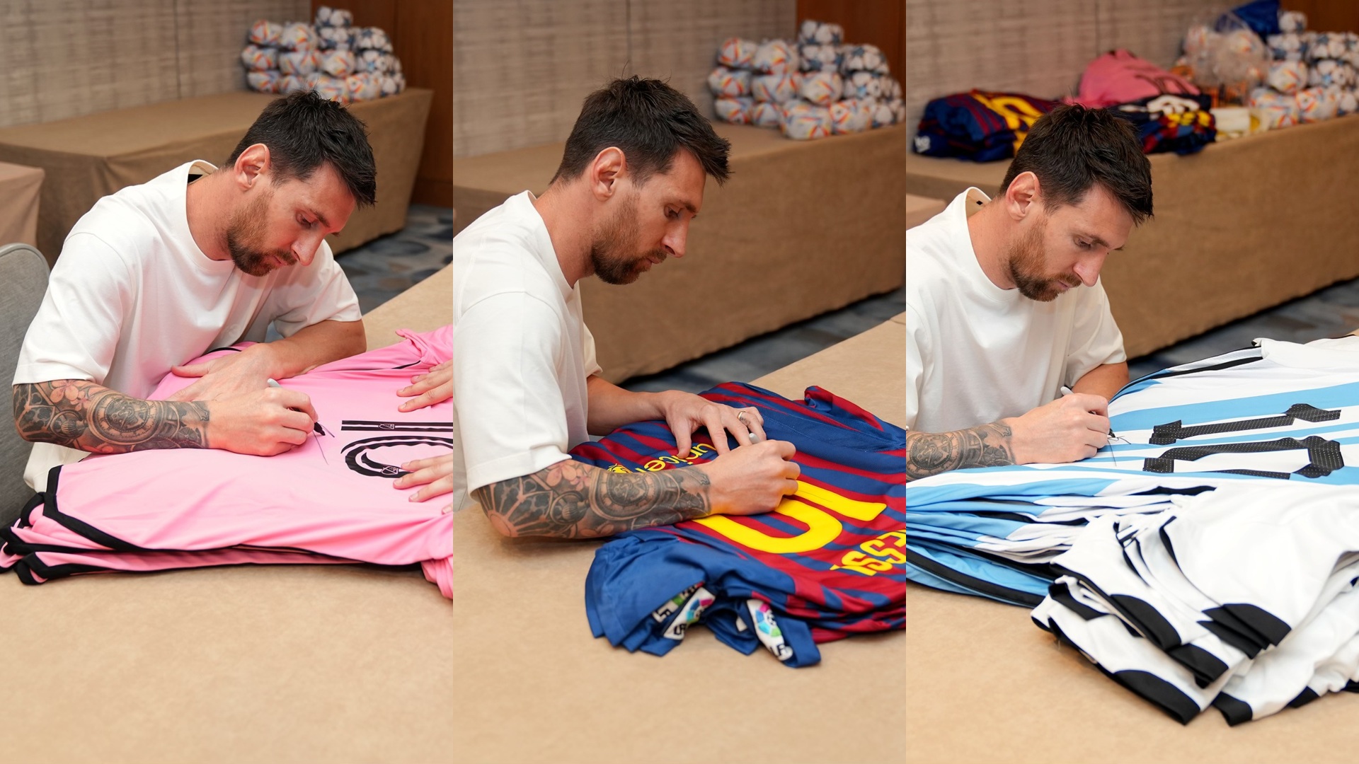Messi regala tres camisetas firmadas y enmarcadas
